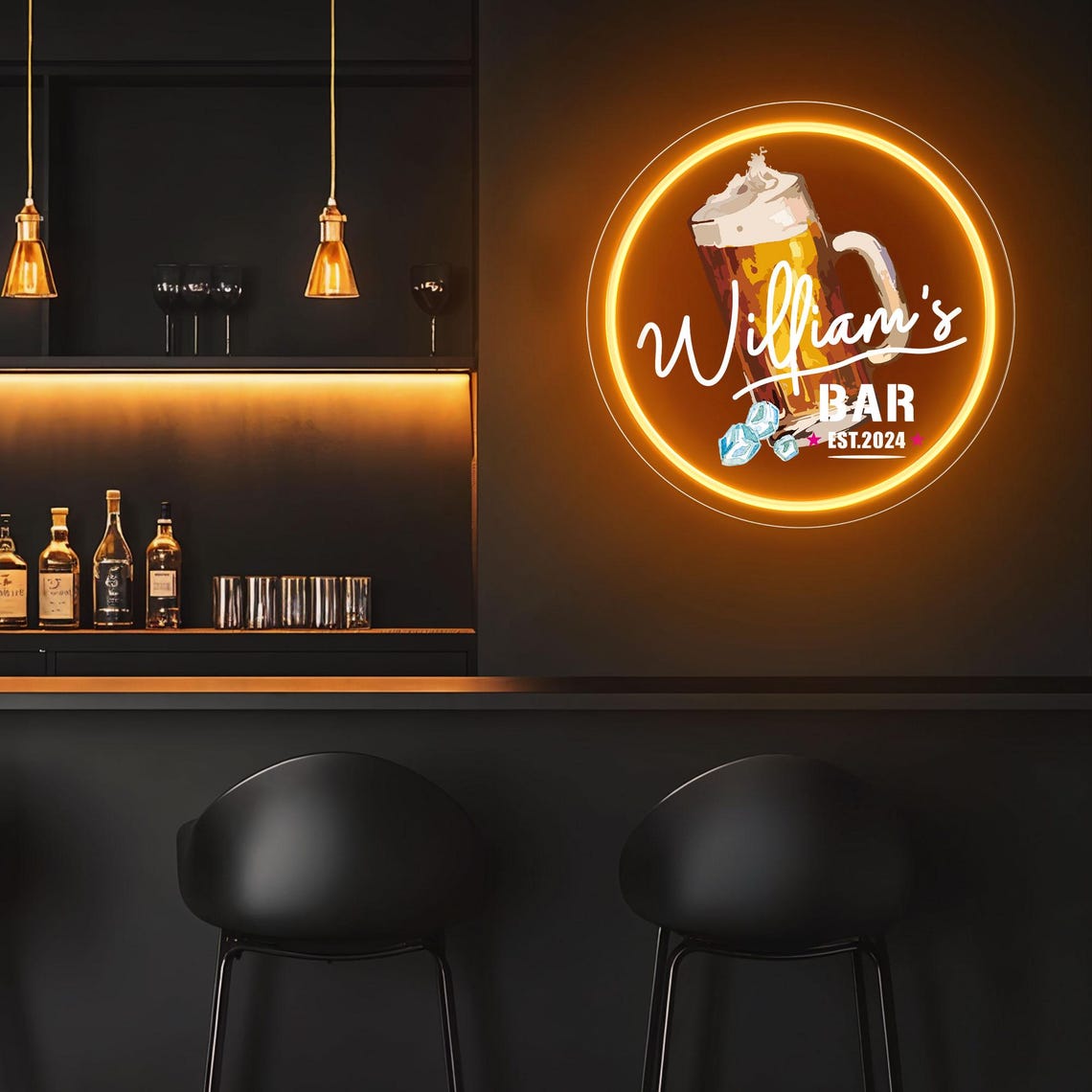 Custom Name Bar Neon Sign, Open Bar Neon Sign, Whiskey Cocktail Tequila ...