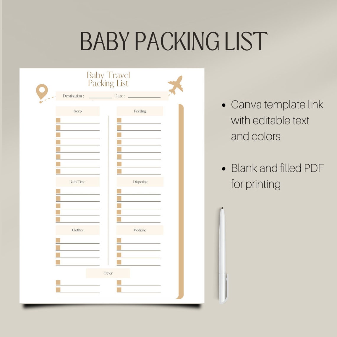Editable Baby Travel Packing List Template | Canva Template | Blank PDF ...