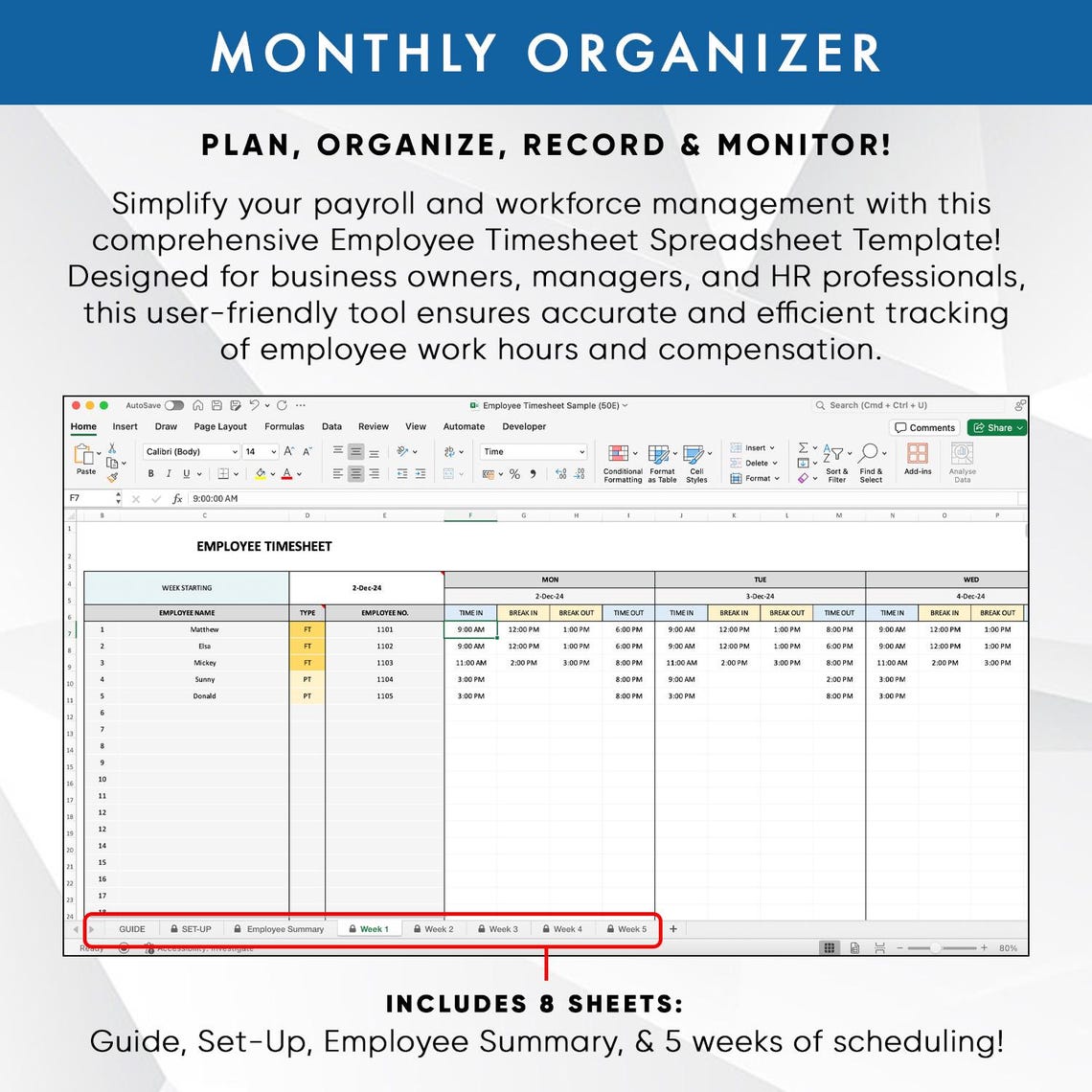 Employee Timesheet Template: Excel & Google Sheets Spreadsheet, Staff ...