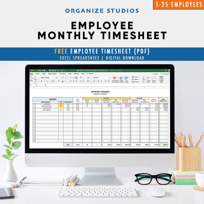 Employee Monthly & Weekly Timesheet 1-25 Employees Excel Spreadsheet ...