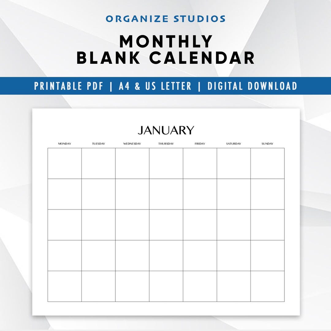 Blank Monthly Calendar: Printable Horizontal Pages (PDF Download A4/US ...
