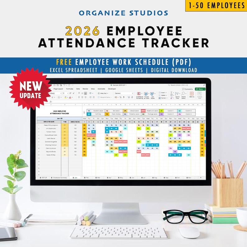 2026 Employee Attendance Tracker: Excel & Google Sheets Spreadsheet, Staff Planner (digital ...