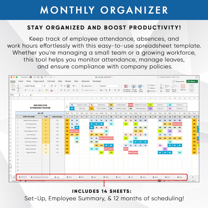2026 Employee Attendance Tracker: Excel & Google Sheets Spreadsheet ...