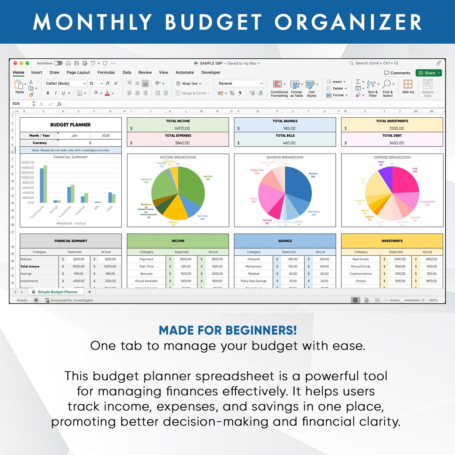 Simple Budget Planner: Excel & Google Sheets Spreadsheet (instant ...