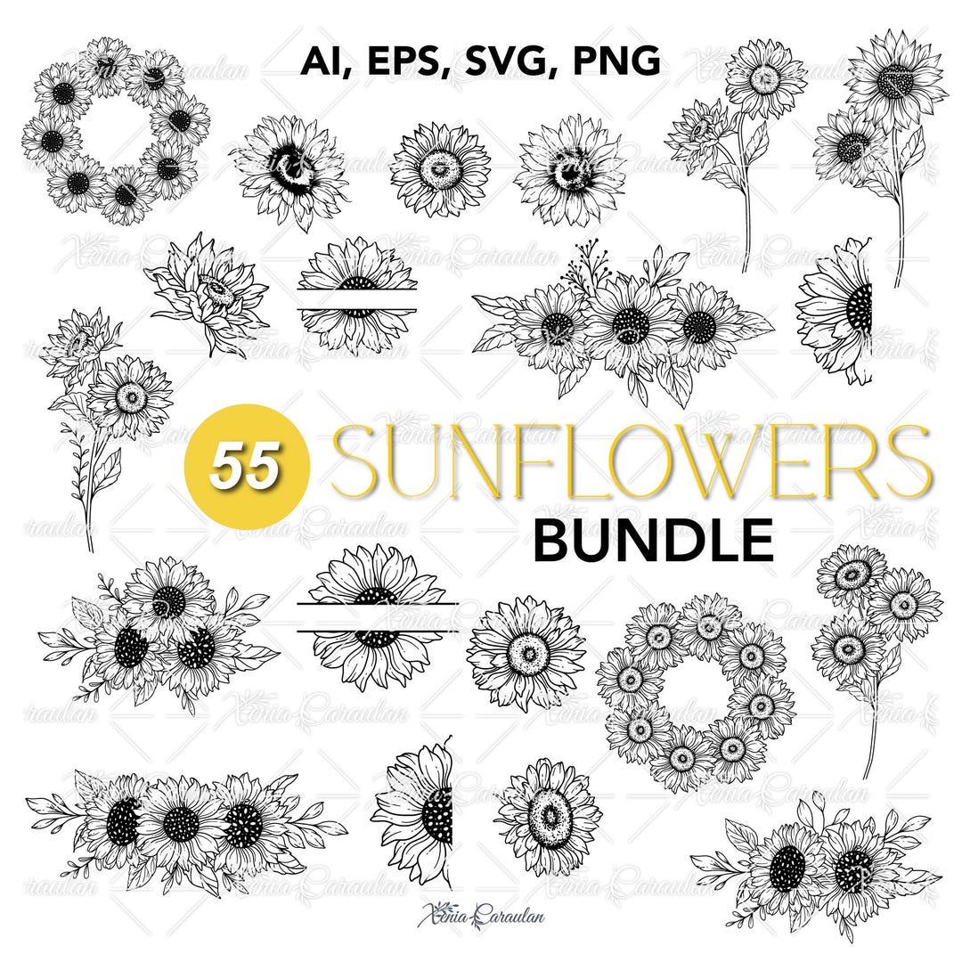 Sunflowers SVG Bundle – Hand Drawn Sunflowers Clipart, Floral Cut Files ...