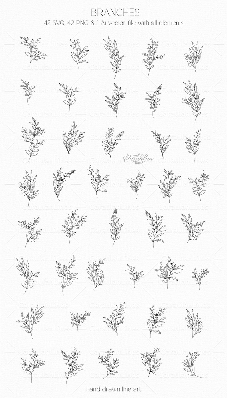 Greenery Line Art, Floral Line Art, Botanical SVG, Hand Drawn Leaves ...