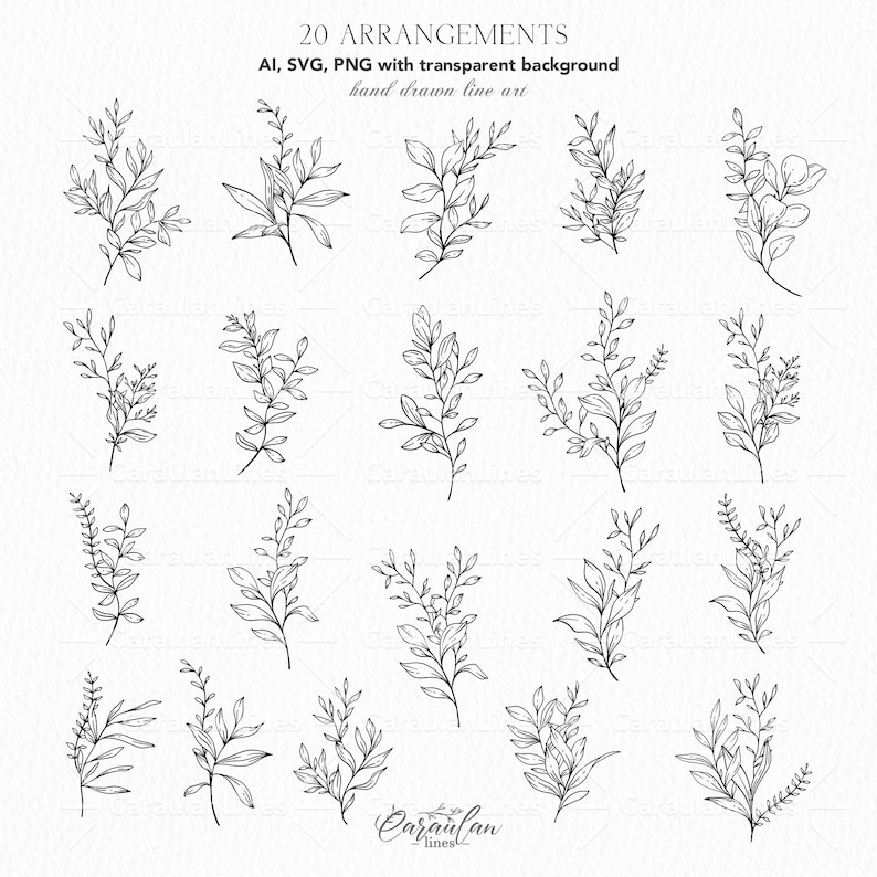 Greenery Line Art Botanical Clipart SVG Hand Drawn Greenery - Etsy