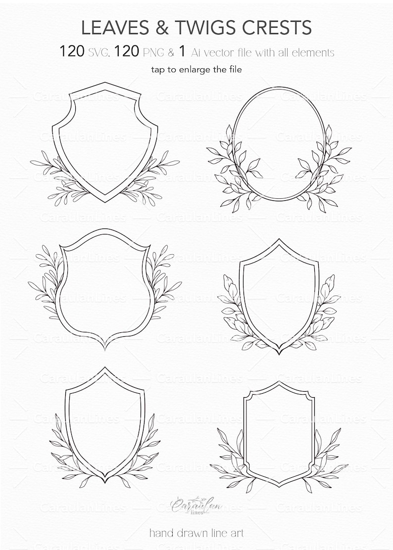 Botanical Wedding Crest SVG Bundle: Floral Line Art (commercial Use ...