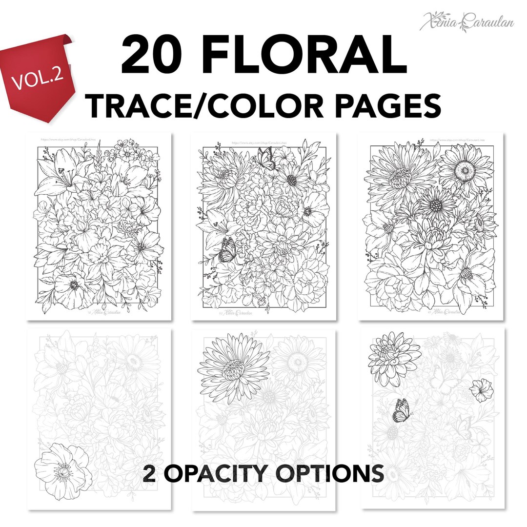 20 Floral Tracing Pages: Adult Coloring Book, Stress Relief (digital ...