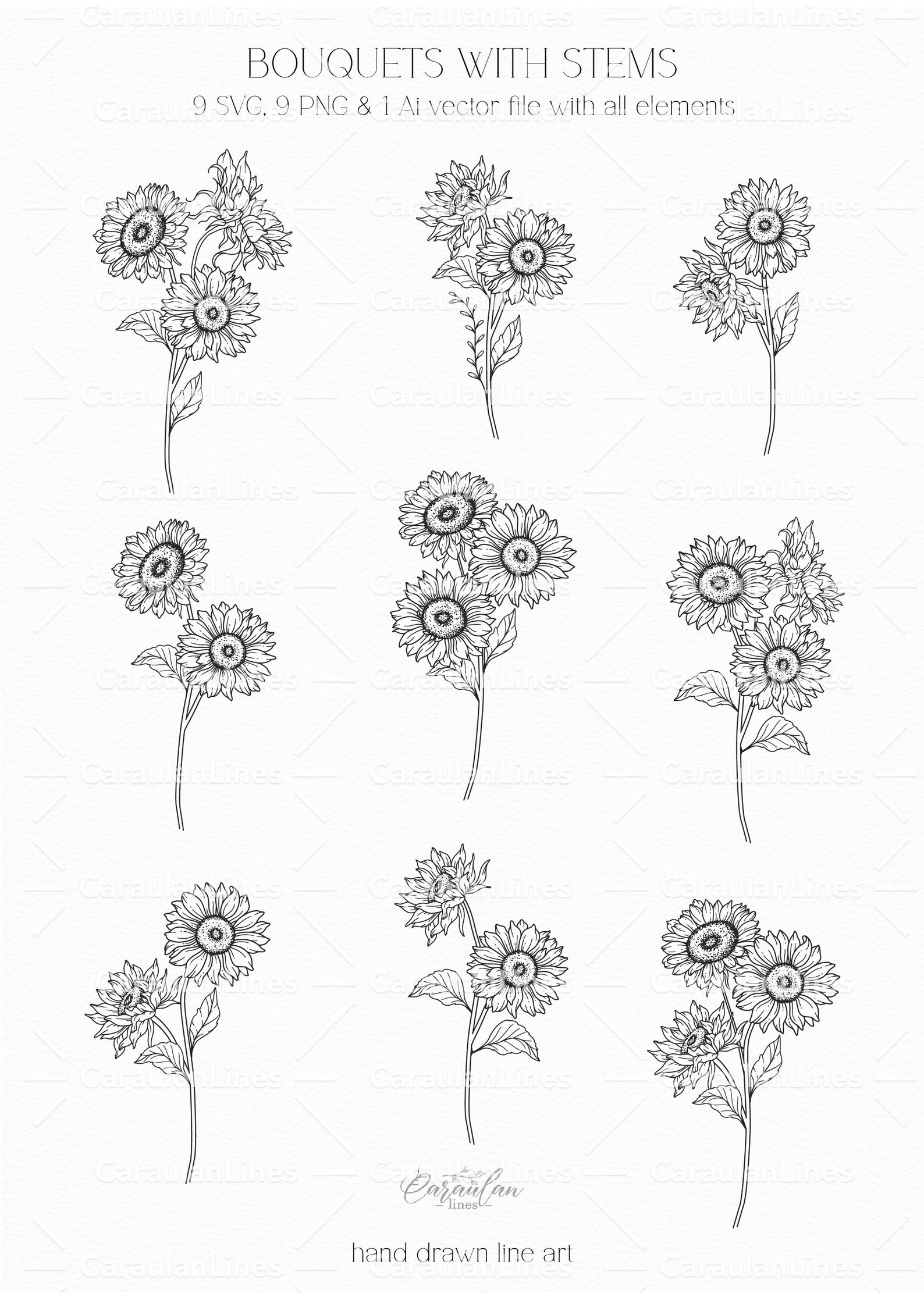 Hand Drawn Sunflowers SVG Bundle - Sunflowers Line Art, Free Commercial ...