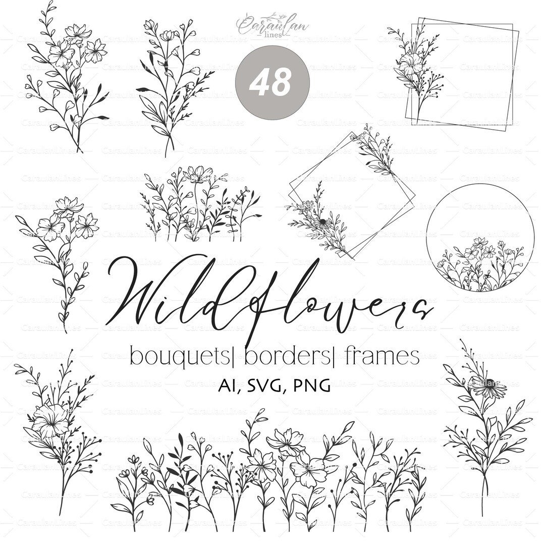 Wildflowers SVG, Flower Border SVG, Floral Line Art, Wildflowers ...