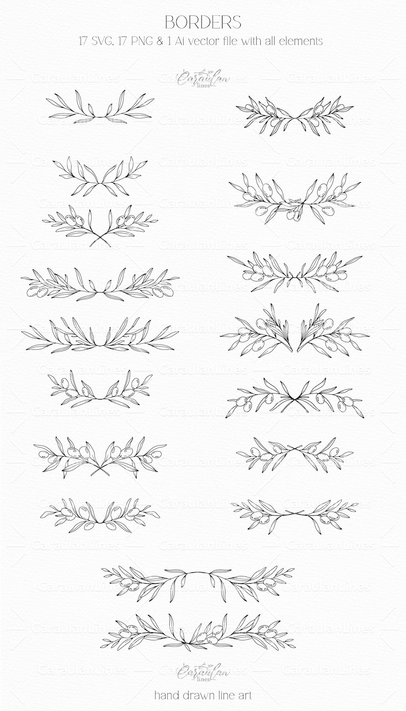 Olive Branch Line Art: Hand Drawn Olive Clipart, Wreath SVG (commercial ...