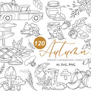 Fall Leaves SVG Bundle: Autumn Clipart, Floral Line Art (commercial Use ...