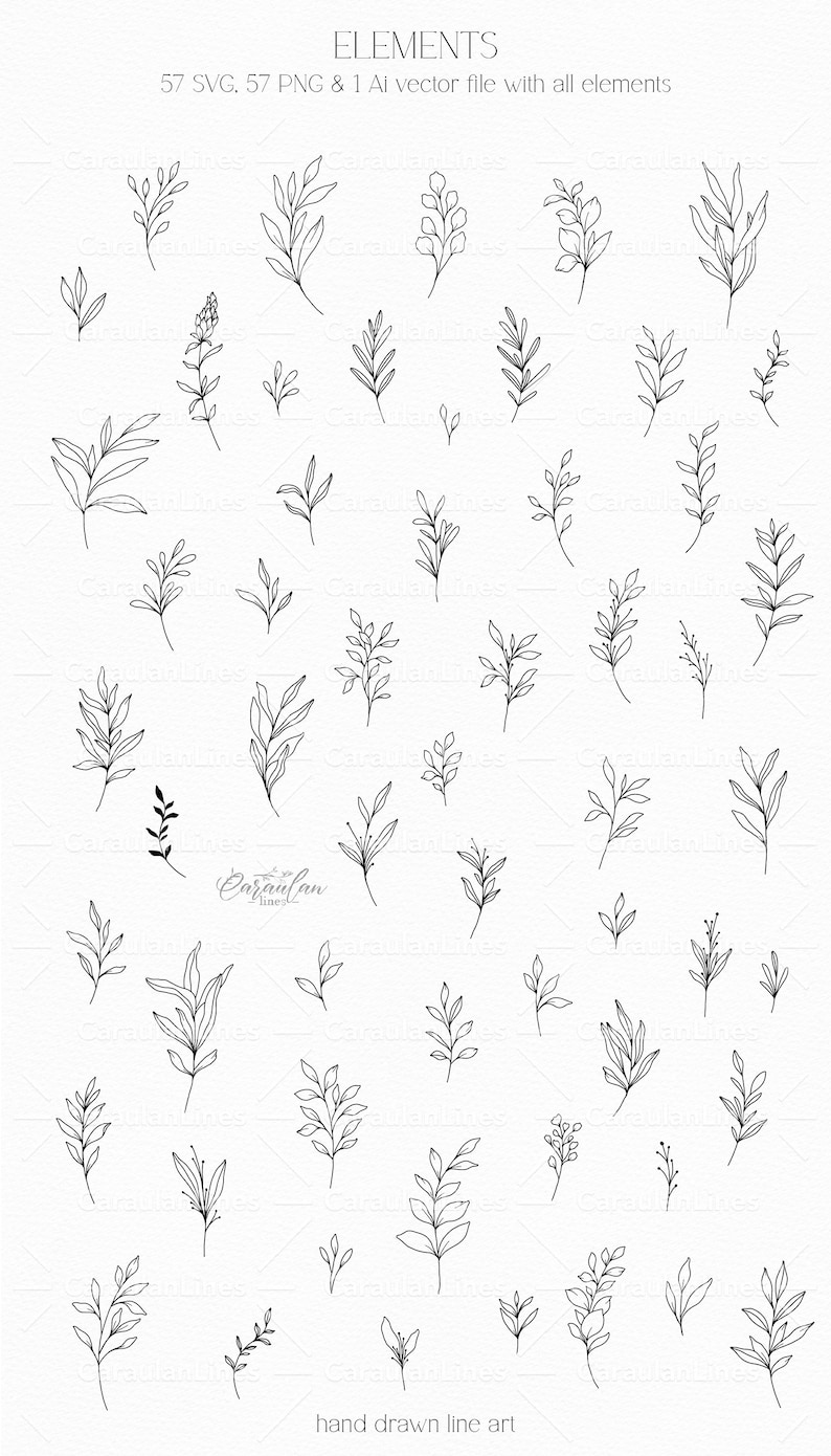 Greenery Line Art, Floral Line Art, Botanical SVG, Hand Drawn Leaves ...