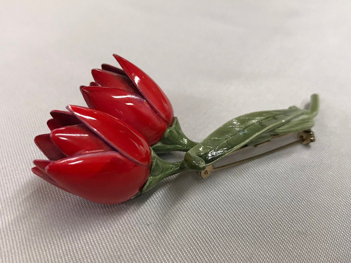 Vintage Double Tulip Brooch/Pin made of Red and Green Enameled | Etsy