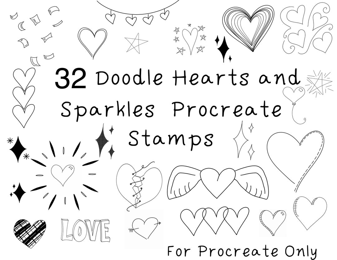 Doodle Heart Stamps for Procreate With Sparkles and Stars- Set of 32 ...