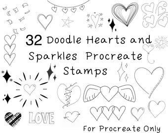 Doodle Heart Stamps for Procreate With Sparkles and Stars- Set of 32 ...