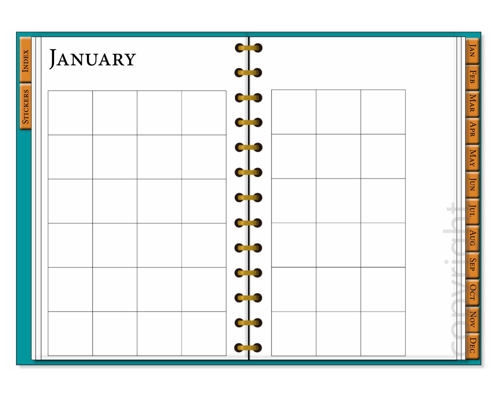 Undated Yearly Digital Planner Hyperlinked in Teal and Orange With ...