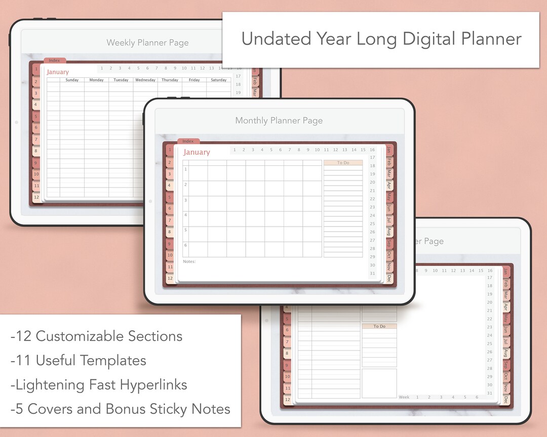 Rose Gold Undated Year Long Digital Planner - Compatible With Goodnotes ...