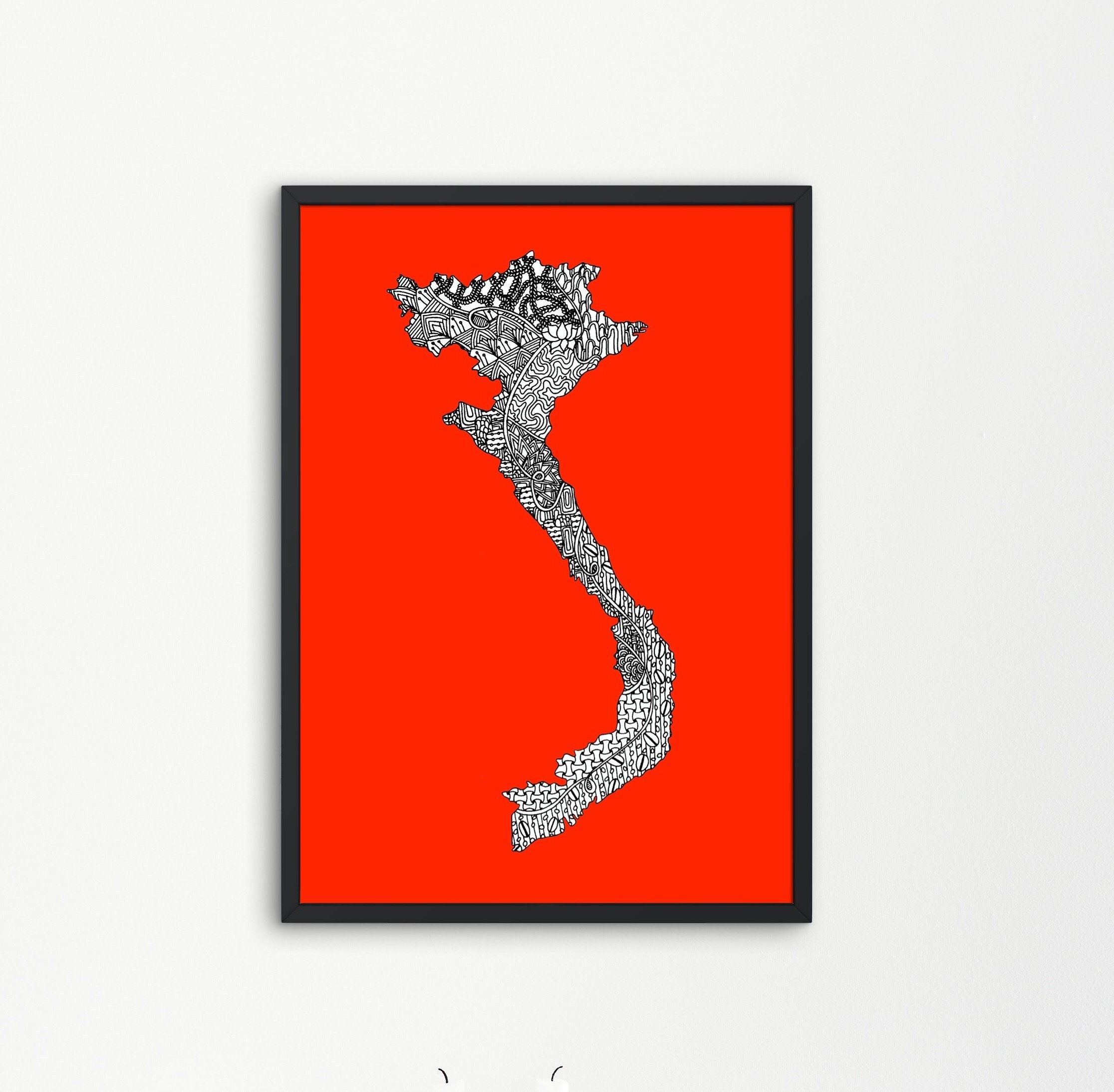Vietnam Map Print, Chilli Red, Zentangle Abstract Vietnam Art Print ...