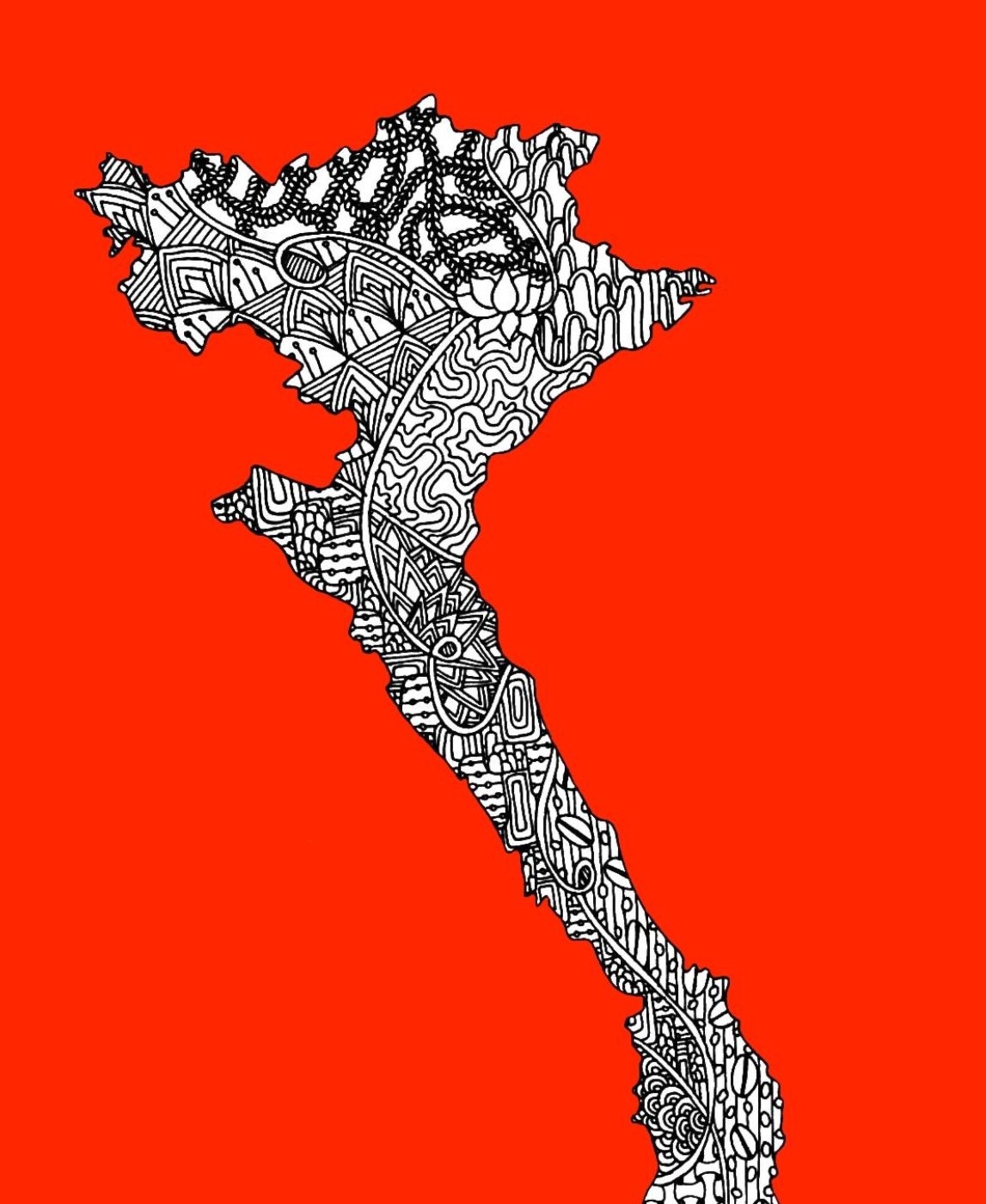 Vietnam Map Print Chilli Red Zentangle Abstract Vietnam Art | Etsy
