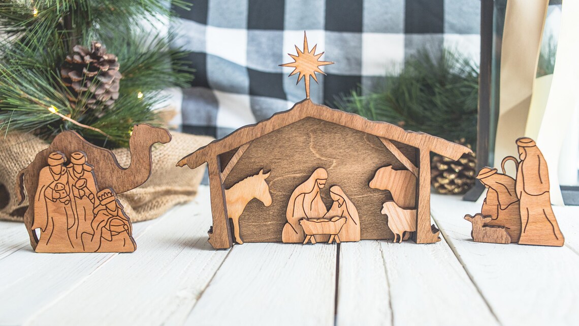 Simple Wood Laser Engraved Nativity Set, Minimalist & Rustic Nativity ...