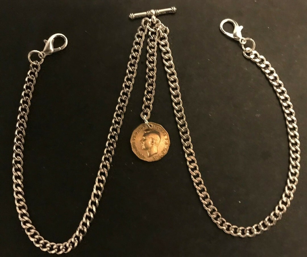 Double Albert Pocket Watch Chain and a Brass GR VI Threepenny Bit Fob ...