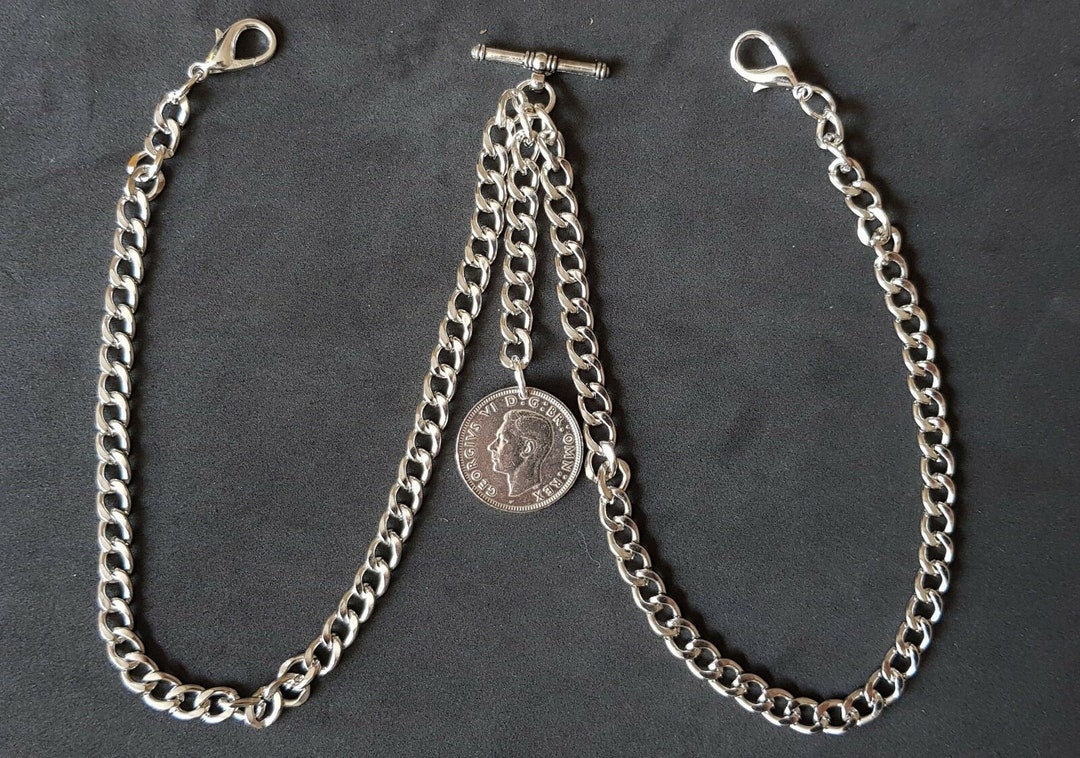 Double Albert Pocket Watch Chain Old GR VI Shilling Fob,silver Colour 4 ...