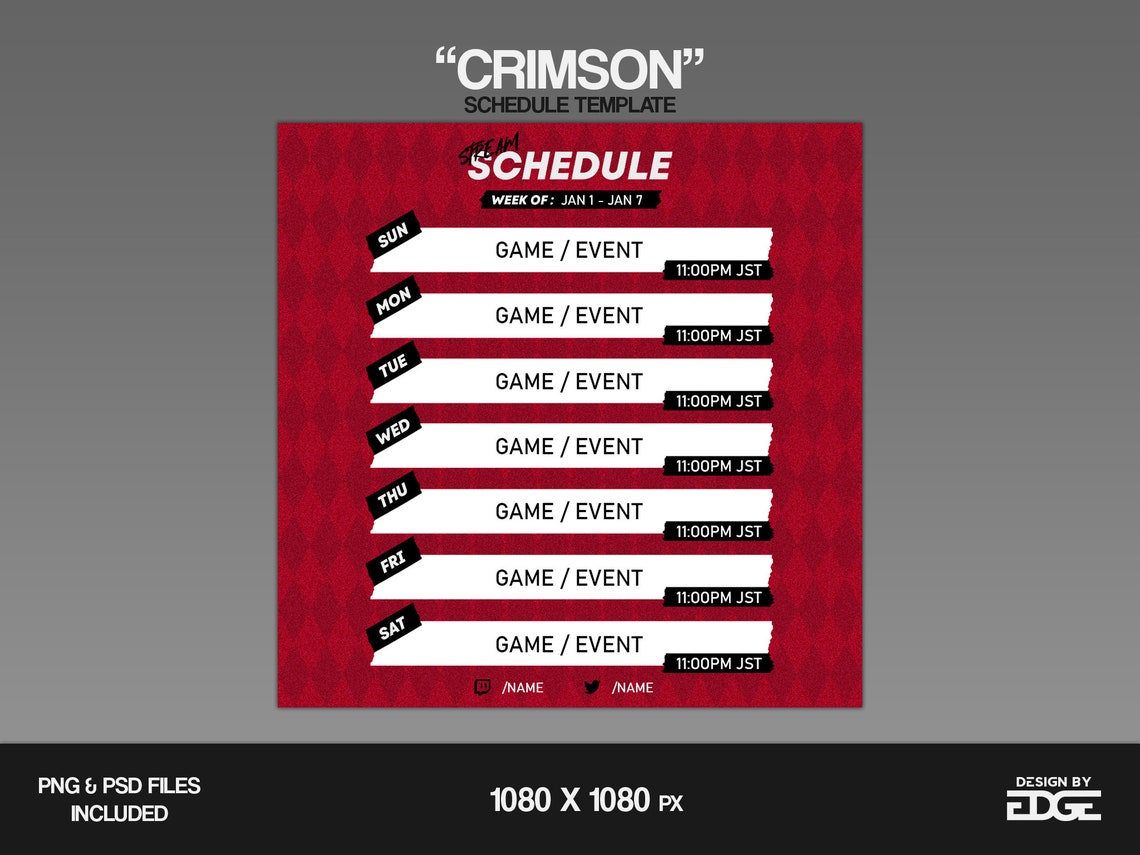 Twitch Stream Schedule Template CRIMSON Vtuber-streamer Assets PNG ...