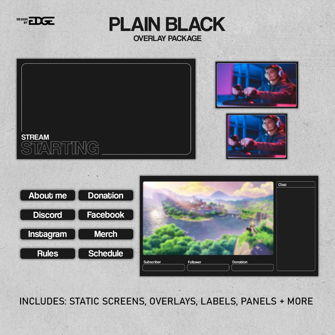 Paquete de superposición de Twitch / STATIC PLAIN BLACK / Inicio / Brb / Finalización / Fuera de ...