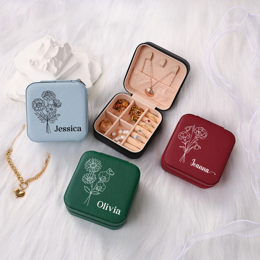 Personalized Birth Flower Jewelry Box, Floral Jewelry Case, Travel ...