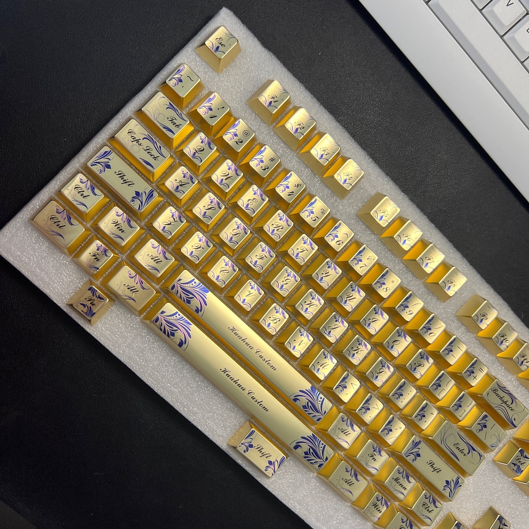 Matte Gold Gradient Cursive Font Flower Pattern Zinc Alloy Metal Keycap ...