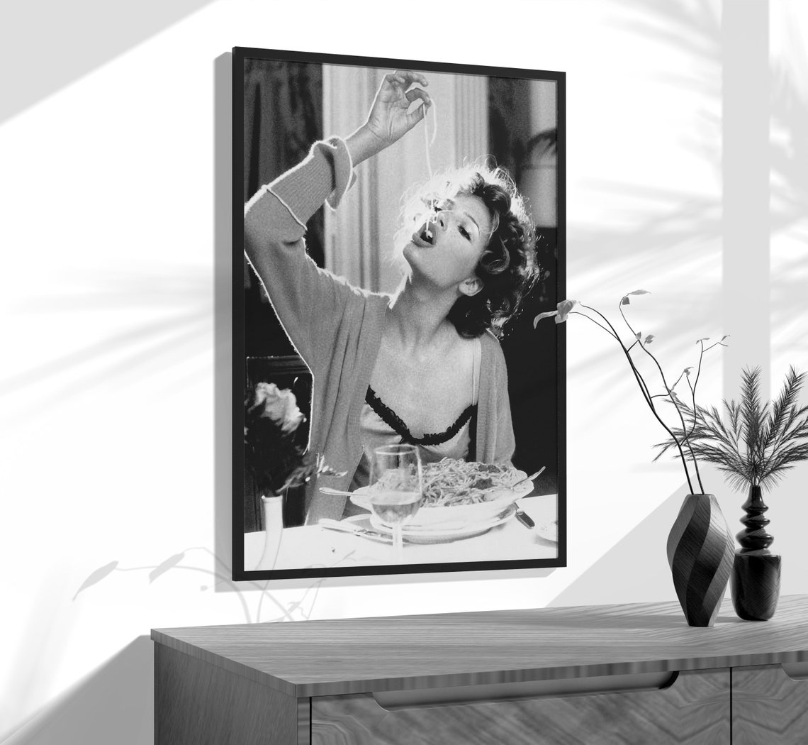 Italian Woman Eating Spaghetti Poster Black and White Pasta - Etsy