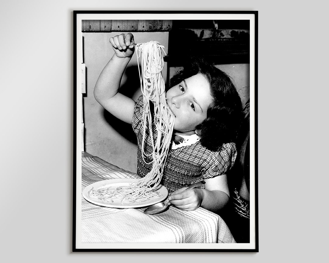 Girl Eating Spaghetti, Black and White Vintage Photo, Pasta Print ...