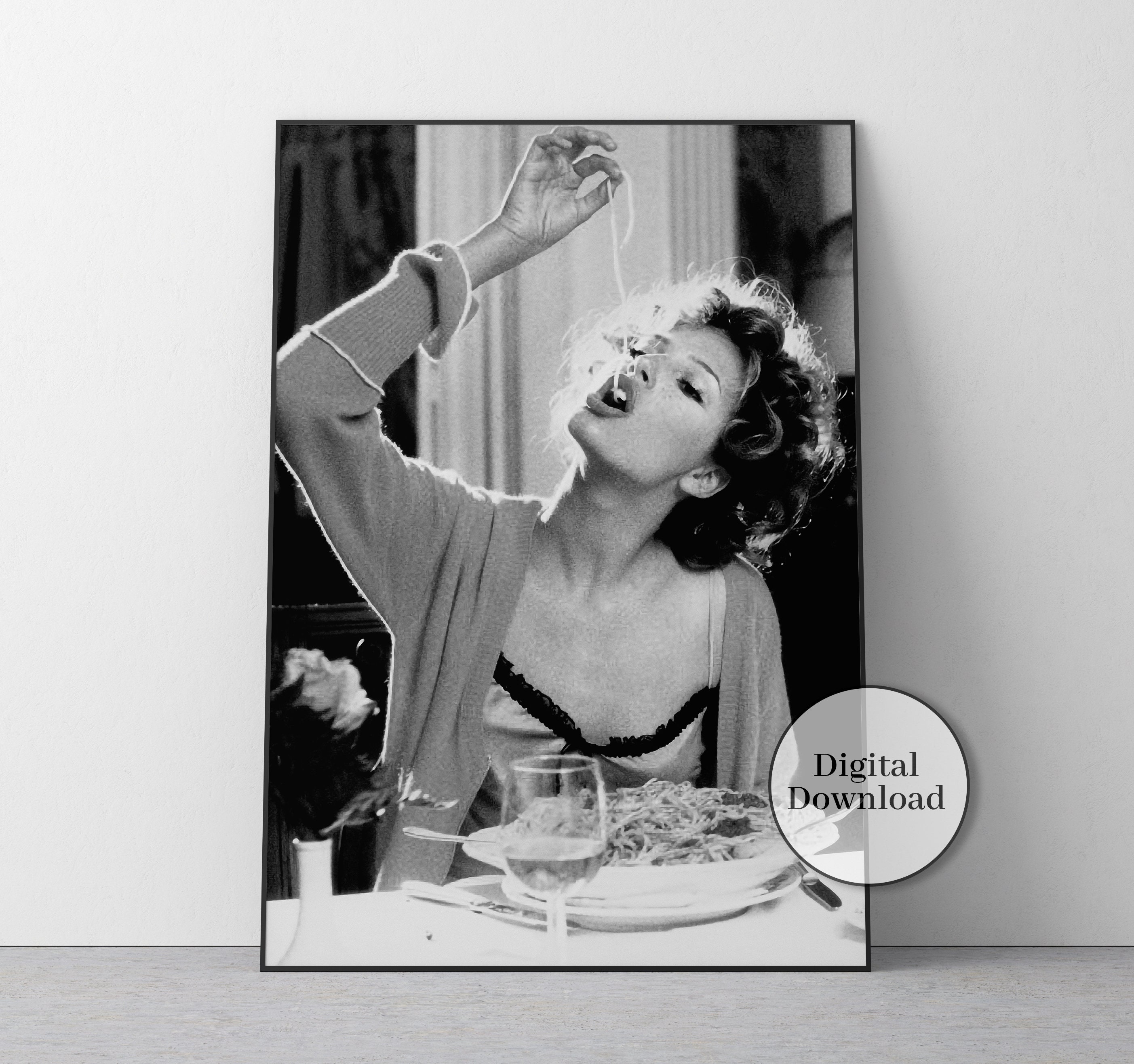 Italian Woman Eating Spaghetti Poster Black and White Pasta - Etsy