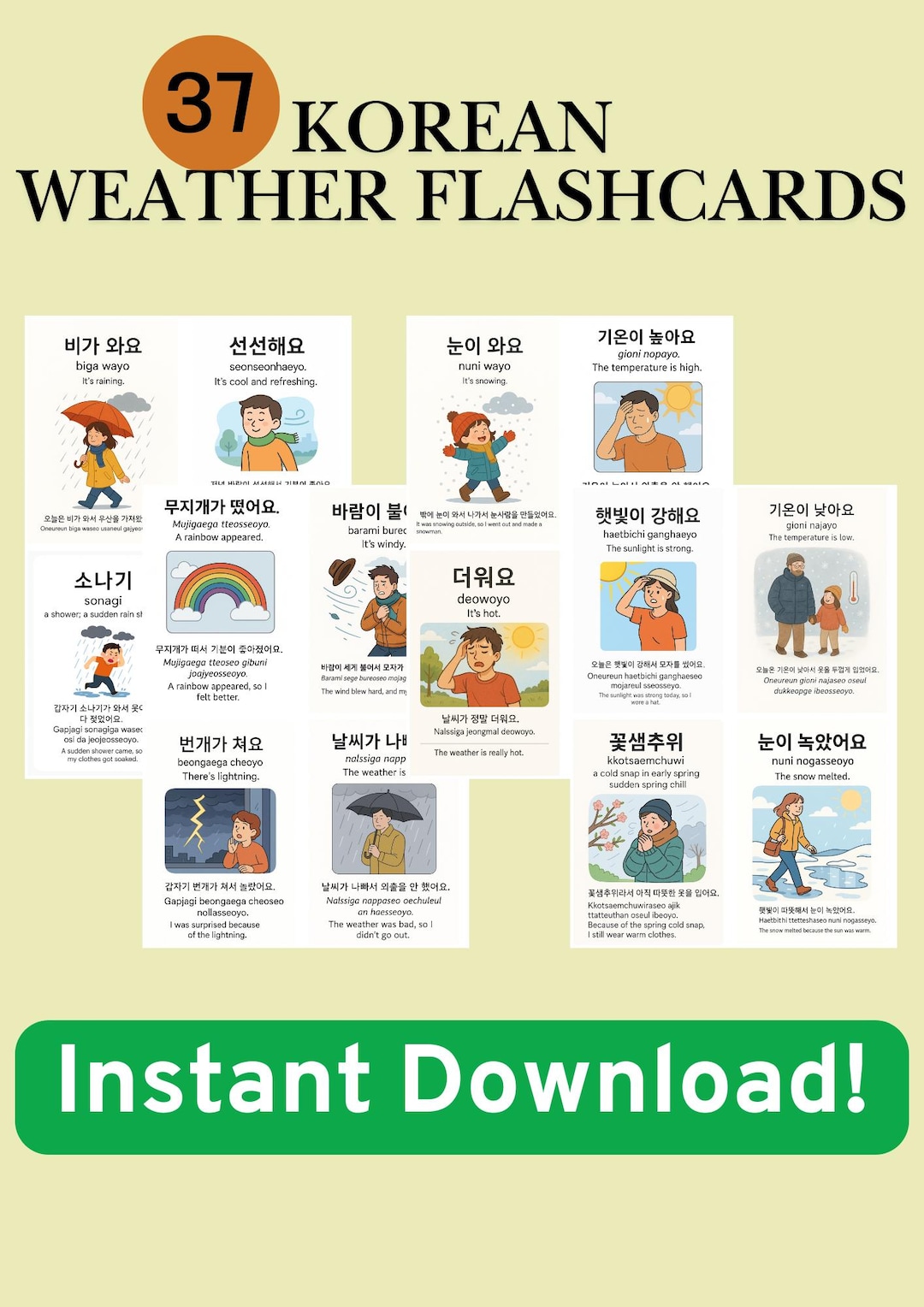 Korean 37 Weather Flashcards Digital Printable, Learn Korean Vocabulary ...