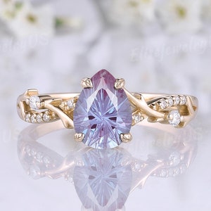 Firework Cut Alexandrite Engagement Ring Solid Gold Pear Cut ...