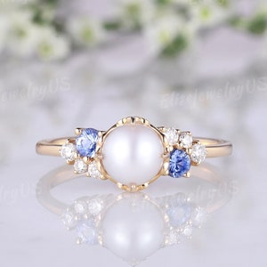 Unique Akoya Pearl Engagement Ring 14k Gold Ring Women Vintage Pearl Wedding Ring Sapphire ...