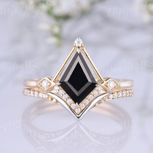 Unique Kite Cut Black Onyx Engagement Ring Set Vintage Gold Wedding ...