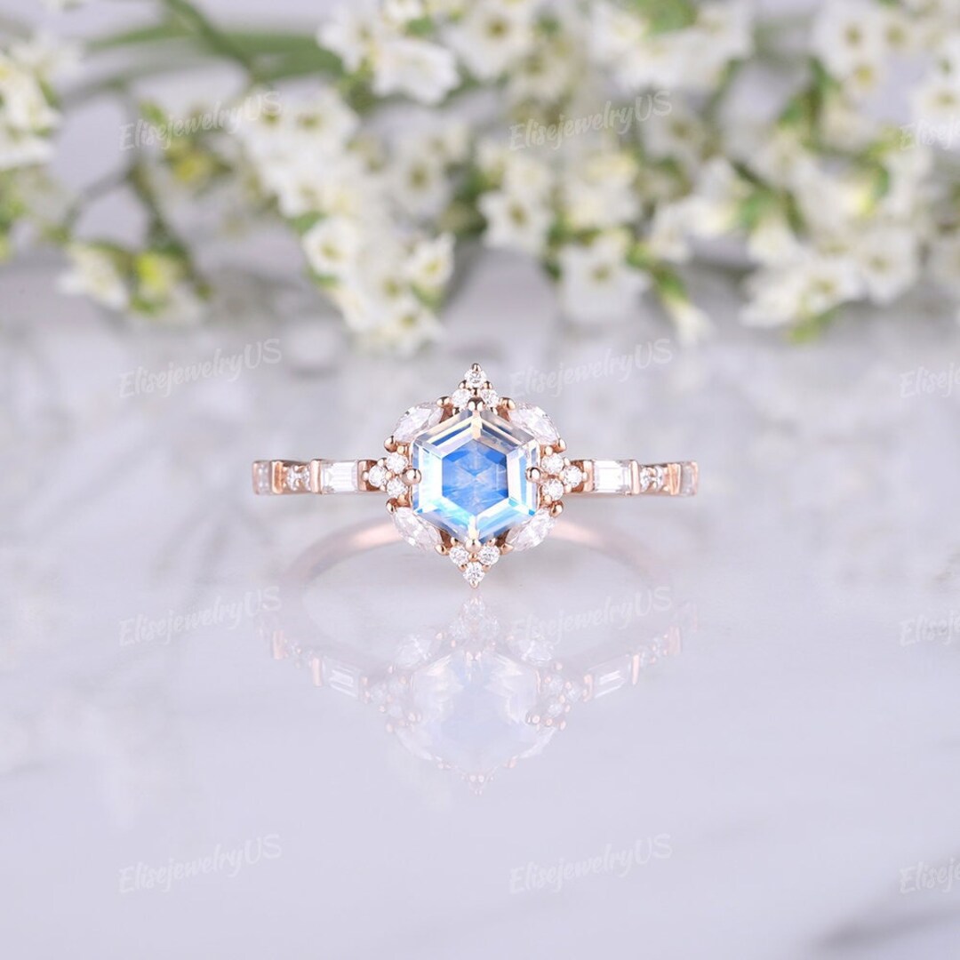Moonstone Engagement Ring Hexagon Cut Moonstone Ring Marquise - Etsy