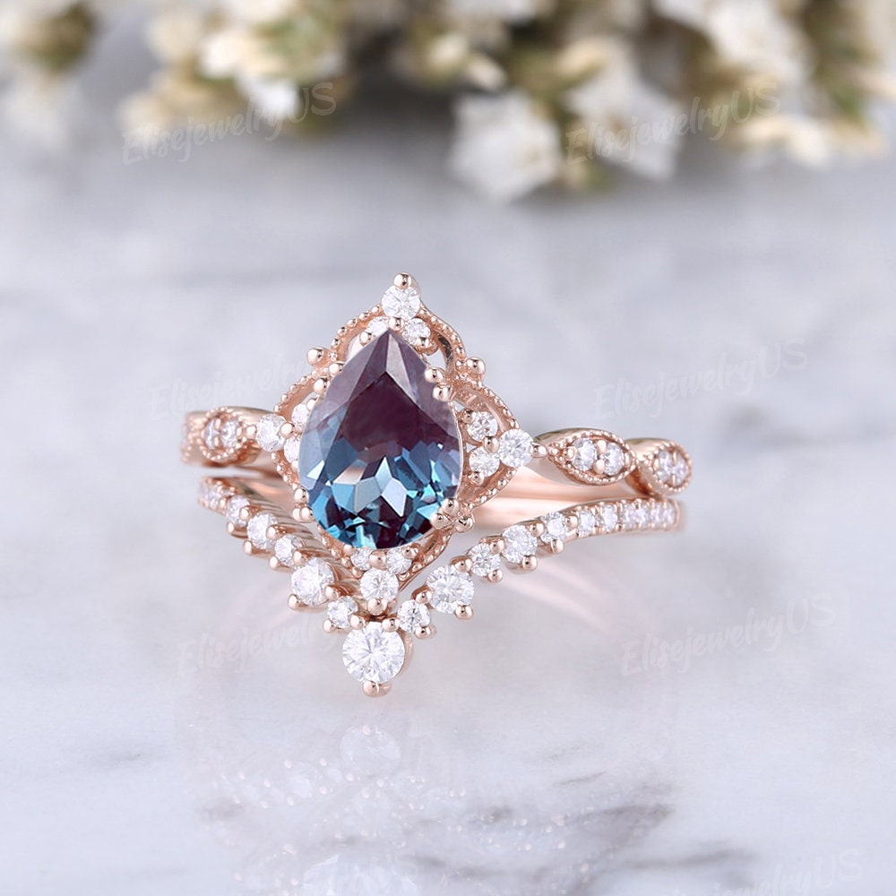 Vintage Tear Drop Cut Alexandrite Engagement Ring Set Art Deco - Etsy