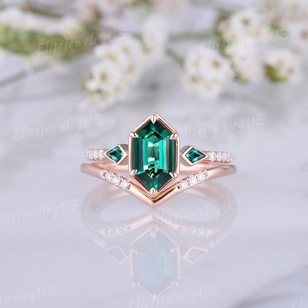Unique Elongated Hexagon Cut Emerald Engagement Ring Set Green Gemstone ...