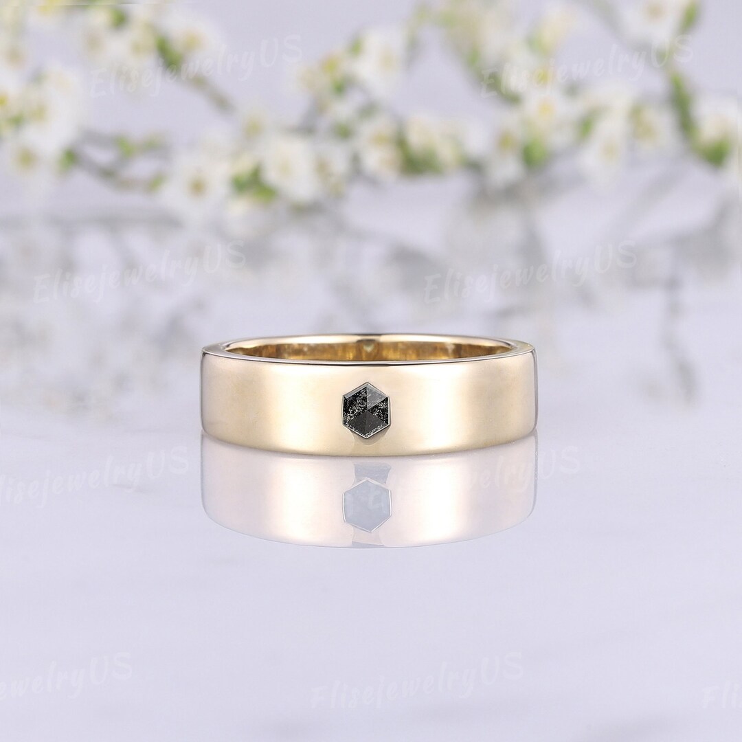 Hexagon Salt and Pepper Diamond Wedding Band Solid Gold Vintage Mens ...