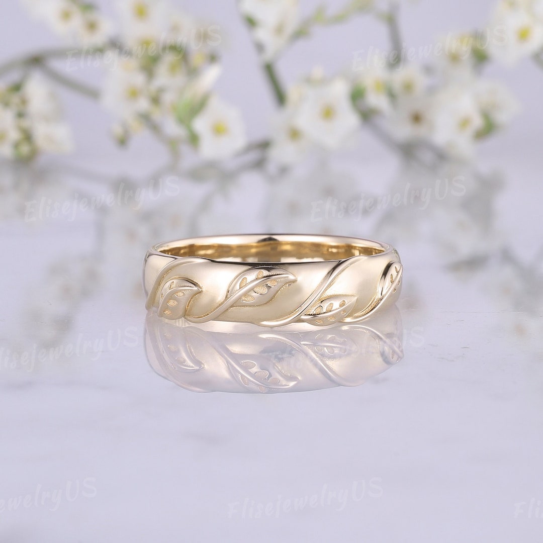 Vintage Leaf Mens 14k Gold Ring Unique Mens Wedding Band Solid Gold ...