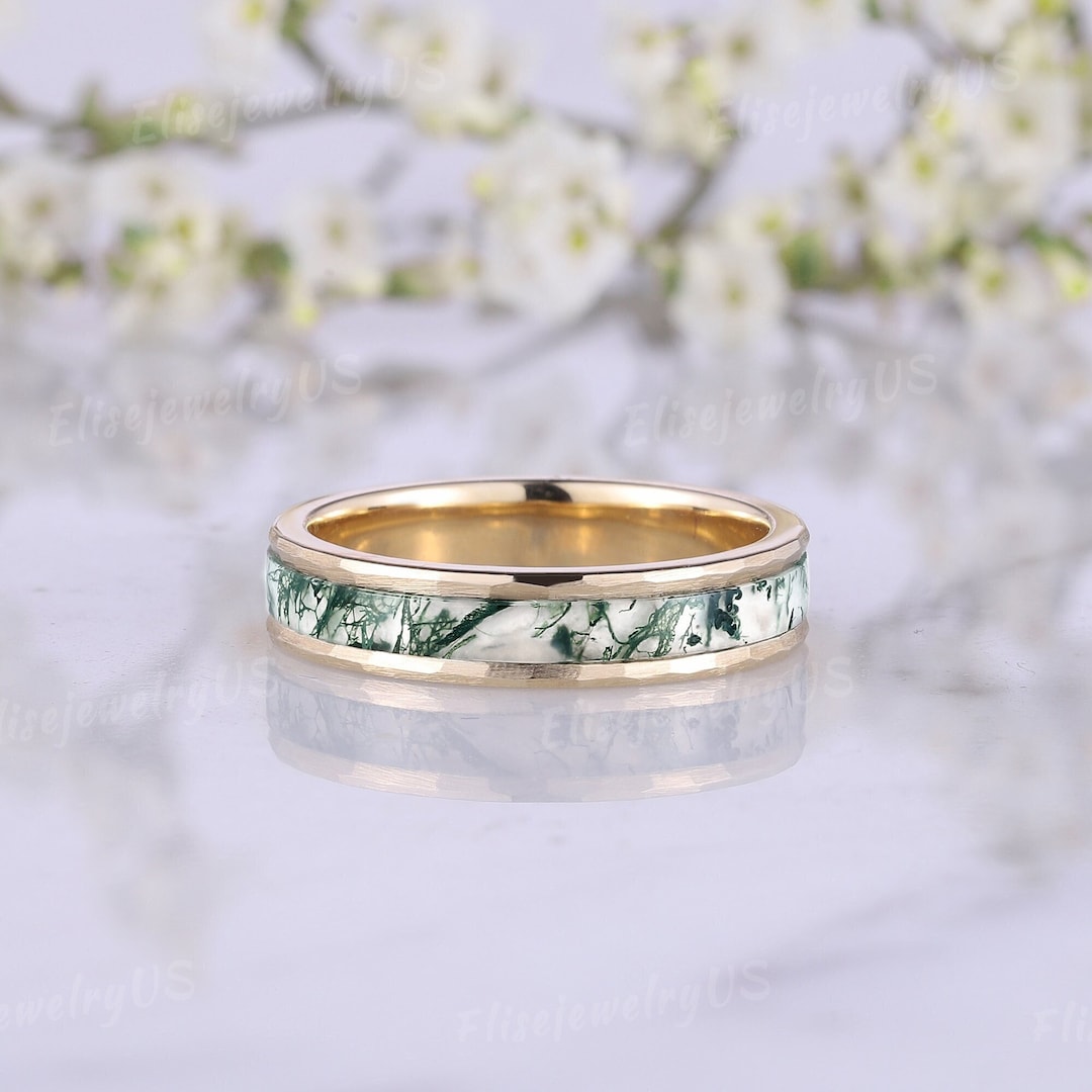 Unique Moss Agate Wedding Band Gold Nature Inspired Eco-friendly Full ...