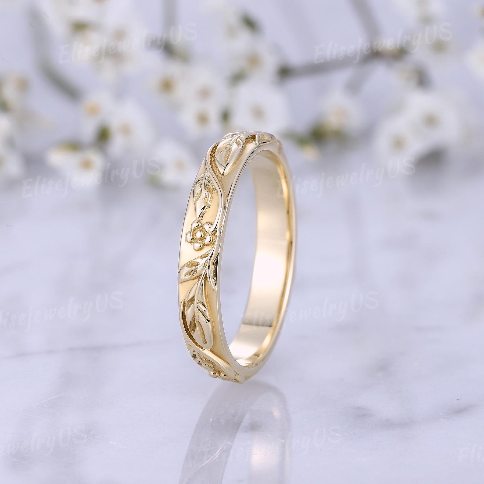 Delicate Nature Inspired Leaf Floral Wedding Band for Men Solid Gold ...