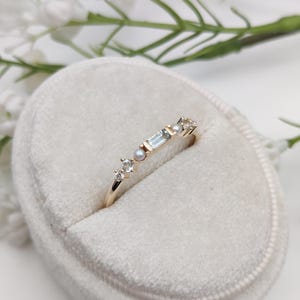 Dainty Aquamarine Wedding Band Baguette Cut 14k Gold Pearl Wedding Band ...