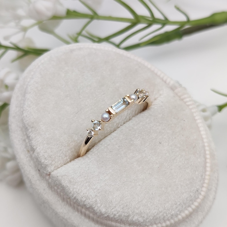 Dainty Aquamarine Wedding Band Baguette Cut 14k Gold Pearl Wedding Band ...