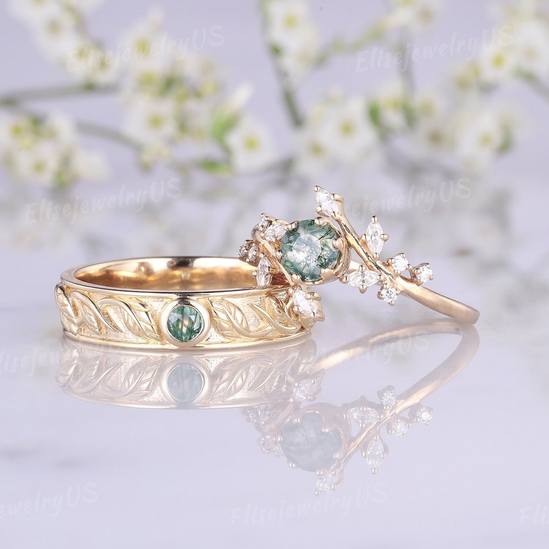2pcs Floral Couple Rings Set Unique Round Moss Agate Wedding Rings Set ...