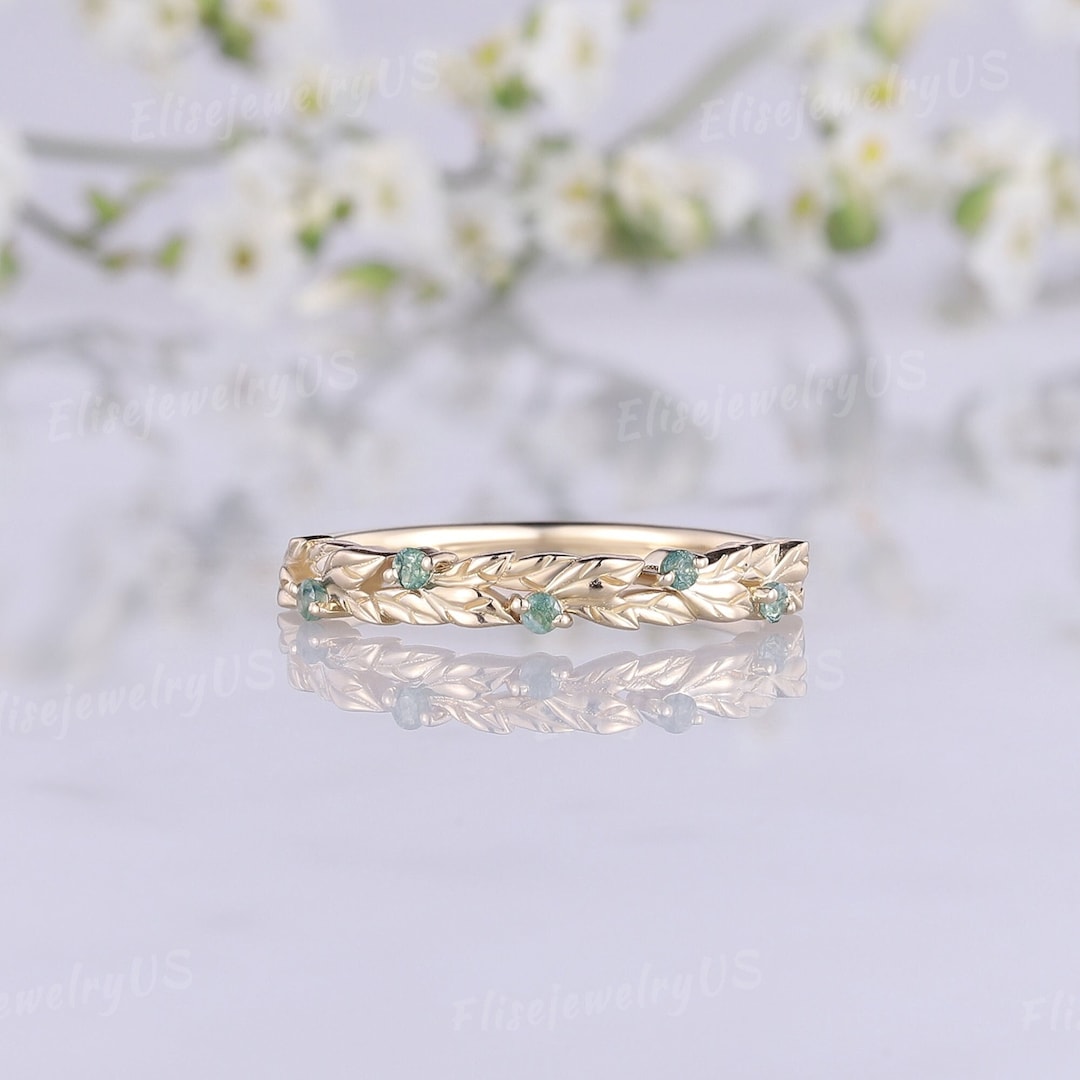 Nature Inspired Leaf Wedding Band Unique Moss Agate Wedding Band ...